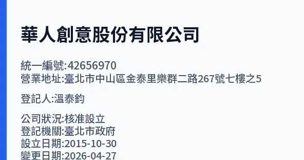 華人創意股份有限公司的照片-統編 42656970(臺北市) 公司登記資料與營業項目詳細圖表