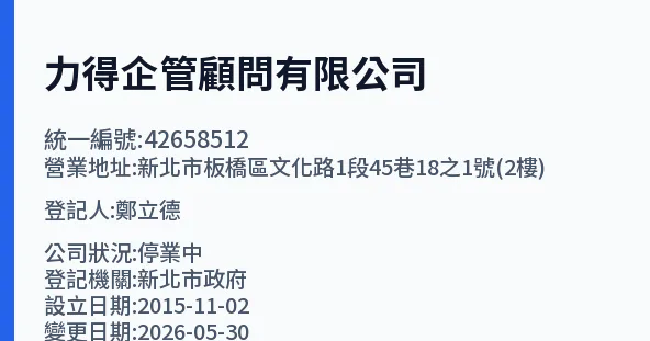 力得企管顧問有限公司的照片-統編 42658512(新北市) 公司登記資料與營業項目詳細圖表