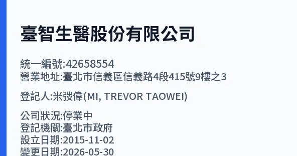 臺智生醫股份有限公司的照片-統編 42658554(臺北市) 公司登記資料與營業項目詳細圖表