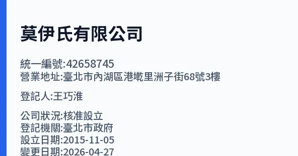 莫伊氏有限公司的照片-統編 42658745(臺北市) 公司登記資料與營業項目詳細圖表
