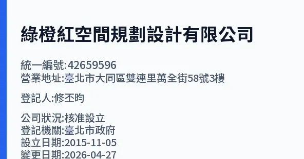 綠橙紅空間規劃設計有限公司的照片-統編 42659596(臺北市) 公司登記資料與營業項目詳細圖表
