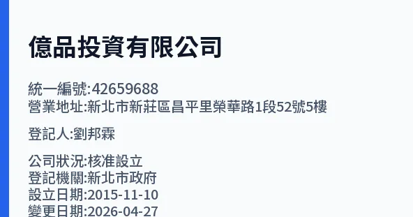 億品投資有限公司的照片-統編 42659688(新北市) 公司登記資料與營業項目詳細圖表
