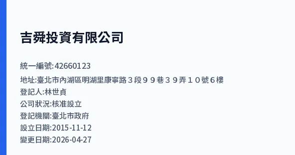 吉舜投資有限公司的照片-統編 42660123(臺北市) 公司登記資料與營業項目詳細圖表