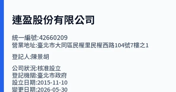 連盈股份有限公司的照片-統編 42660209(臺北市) 公司登記資料與營業項目詳細圖表
