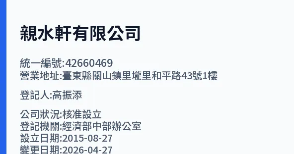 親水軒有限公司的照片-統編 42660469(臺東縣) 公司登記資料與營業項目詳細圖表