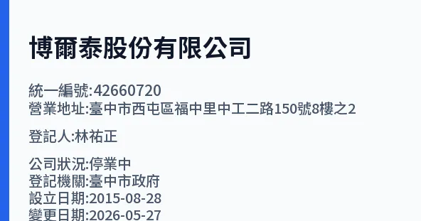 博爾泰股份有限公司的照片-統編 42660720(臺中市) 公司登記資料與營業項目詳細圖表