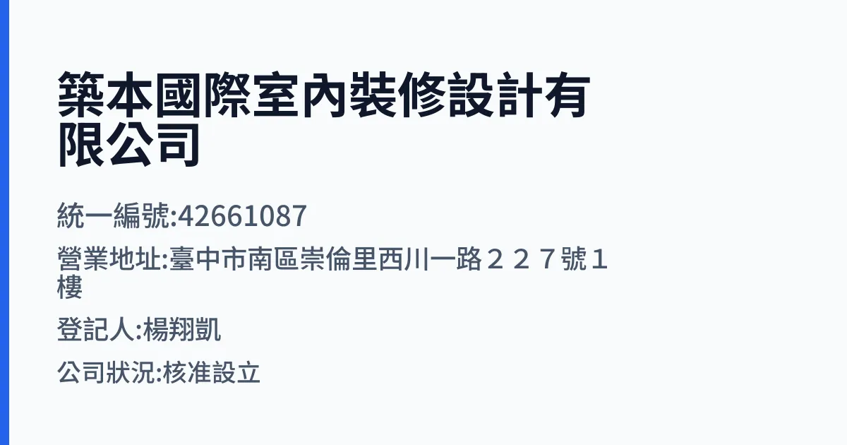 築本國際室內裝修設計有限公司 - 統編 42661087(臺中市) 公司登記資料與營業項目詳細圖表