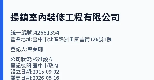 揚鎮室內裝修工程有限公司的照片-統編 42661354(臺中市) 公司登記資料與營業項目詳細圖表