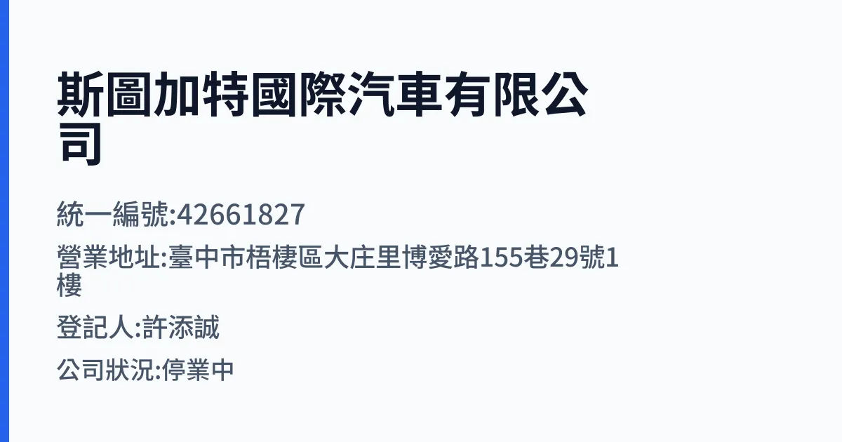 斯圖加特國際汽車有限公司 - 統編 42661827(臺中市) 公司登記資料與營業項目詳細圖表