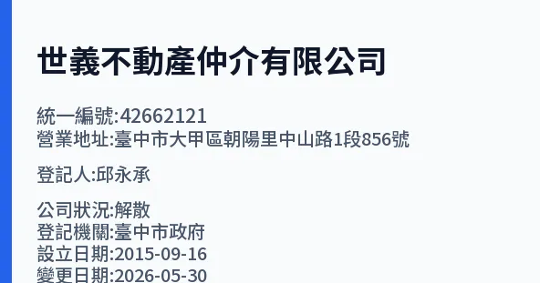 世義不動產仲介有限公司的照片-統編 42662121(臺中市) 公司登記資料與營業項目詳細圖表