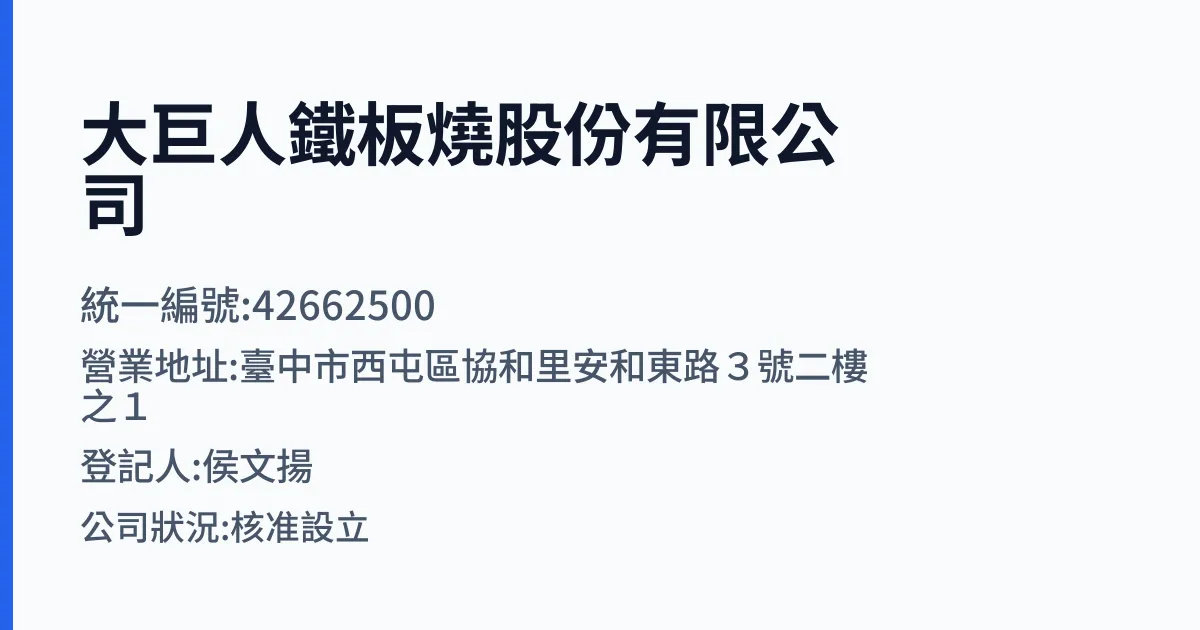 大巨人鐵板燒股份有限公司 - 統編 42662500(臺中市) 公司登記資料與營業項目詳細圖表
