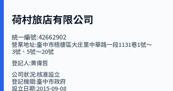荷村旅店有限公司的照片-統編 42662902(臺中市) 公司登記資料與營業項目詳細圖表