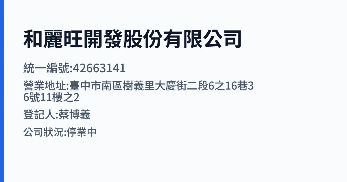 和麗旺開發股份有限公司 - 統編 42663141(臺中市) 公司登記資料與營業項目詳細圖表