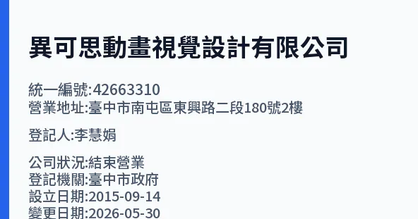 異可思動畫視覺設計有限公司的照片-統編 42663310(臺中市) 公司登記資料與營業項目詳細圖表