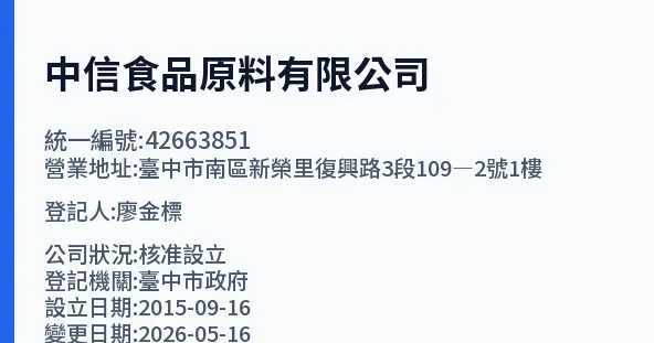 中信食品原料有限公司的照片-統編 42663851(臺中市) 公司登記資料與營業項目詳細圖表