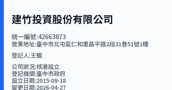 建竹投資股份有限公司的照片-統編 42663873(臺中市) 公司登記資料與營業項目詳細圖表