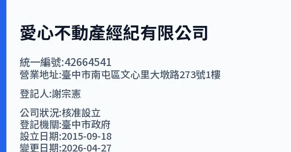 愛心不動產經紀有限公司的照片-統編 42664541(臺中市) 公司登記資料與營業項目詳細圖表