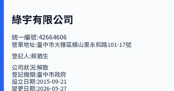 綠宇有限公司的照片-統編 42664606(臺中市) 公司登記資料與營業項目詳細圖表