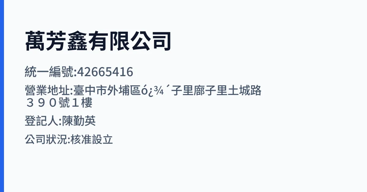萬芳鑫有限公司 - 統編 42665416(臺中市) 公司登記資料與營業項目詳細圖表