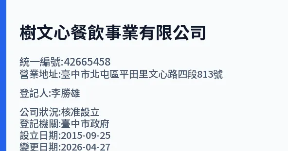 樹文心餐飲事業有限公司的照片-統編 42665458(臺中市) 公司登記資料與營業項目詳細圖表