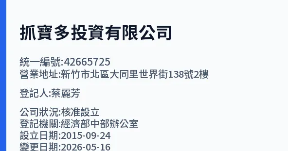 抓寶多投資有限公司的照片-統編 42665725(新竹市) 公司登記資料與營業項目詳細圖表