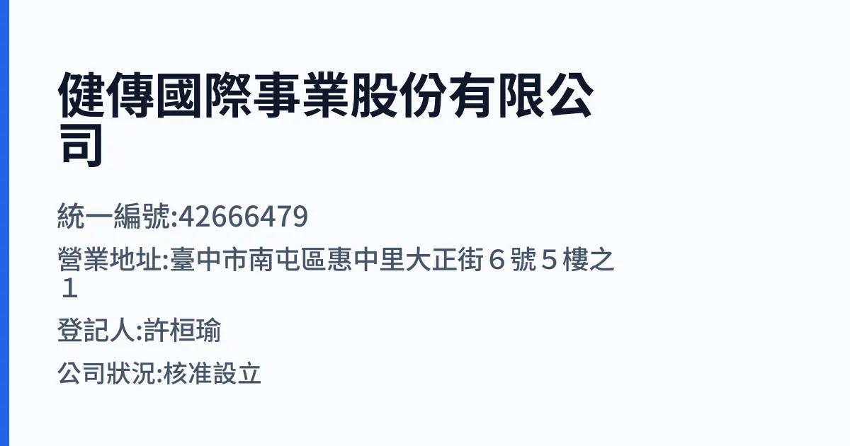 健傳國際事業股份有限公司 - 統編 42666479(臺中市) 公司登記資料與營業項目詳細圖表