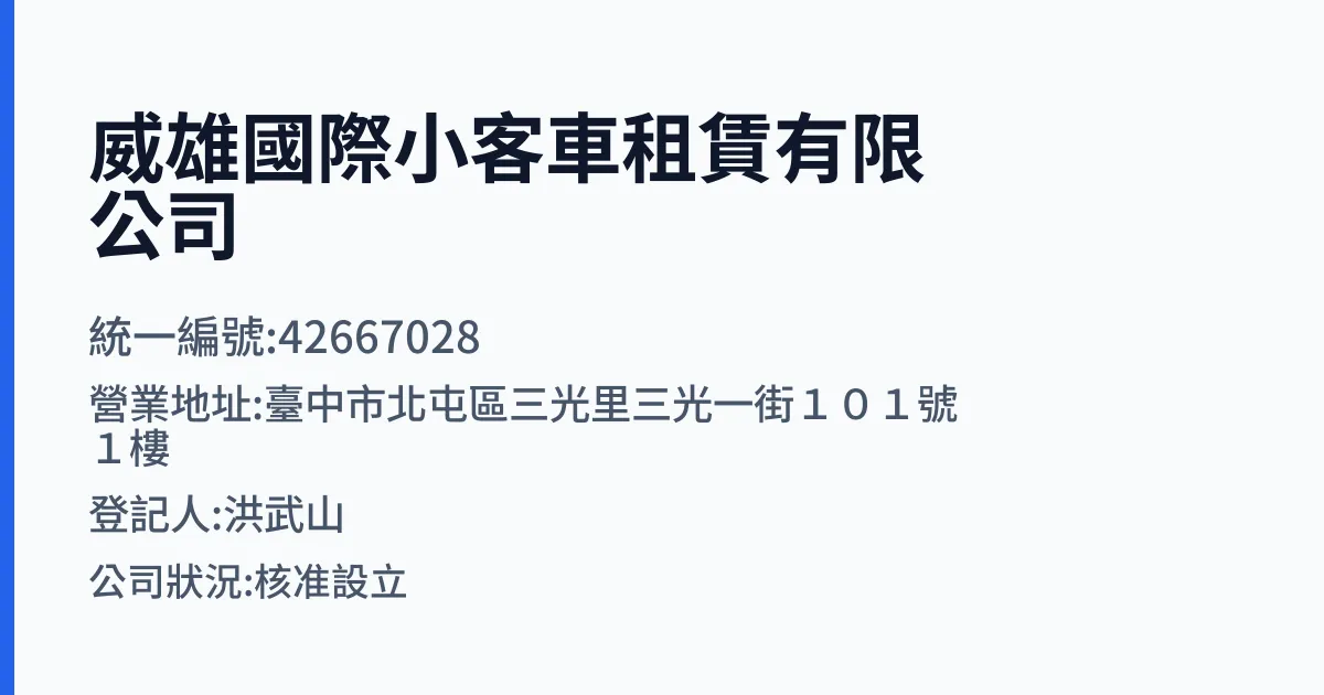 威雄國際小客車租賃有限公司 - 統編 42667028(臺中市) 公司登記資料與營業項目詳細圖表