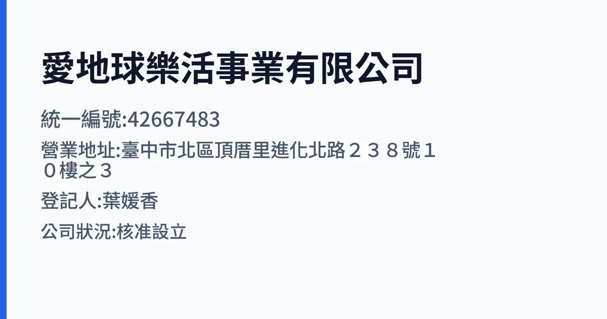 愛地球樂活事業有限公司 - 統編 42667483(臺中市) 公司登記資料與營業項目詳細圖表