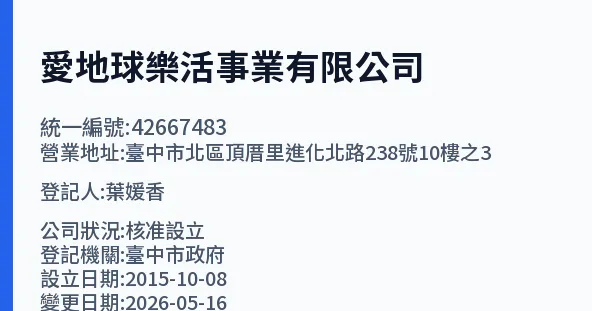 愛地球樂活事業有限公司的照片-統編 42667483(臺中市) 公司登記資料與營業項目詳細圖表