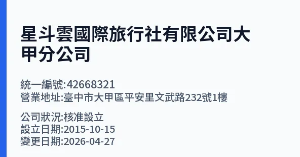 星斗雲國際旅行社有限公司大甲分公司的照片-統編 42668321(臺中市) 公司登記資料與營業項目詳細圖表