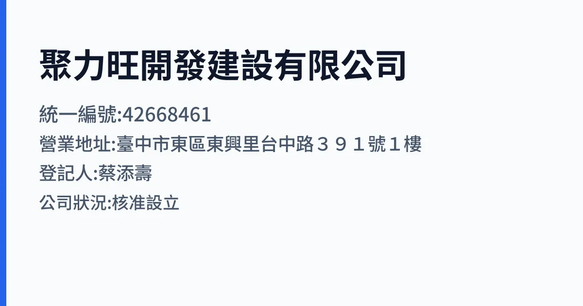 聚力旺開發建設有限公司 - 統編 42668461(臺中市) 公司登記資料與營業項目詳細圖表
