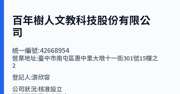 百年樹人文教科技股份有限公司的照片-統編 42668954(臺中市) 公司登記資料與營業項目詳細圖表