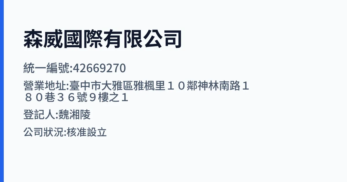 森威國際有限公司 - 統編 42669270(臺中市) 公司登記資料與營業項目詳細圖表