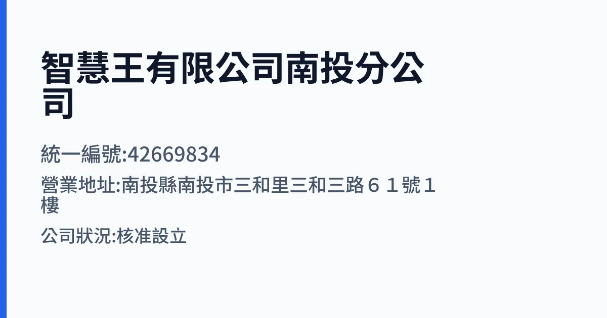 智慧王有限公司南投分公司 - 統編 42669834(南投縣) 公司登記資料與營業項目詳細圖表