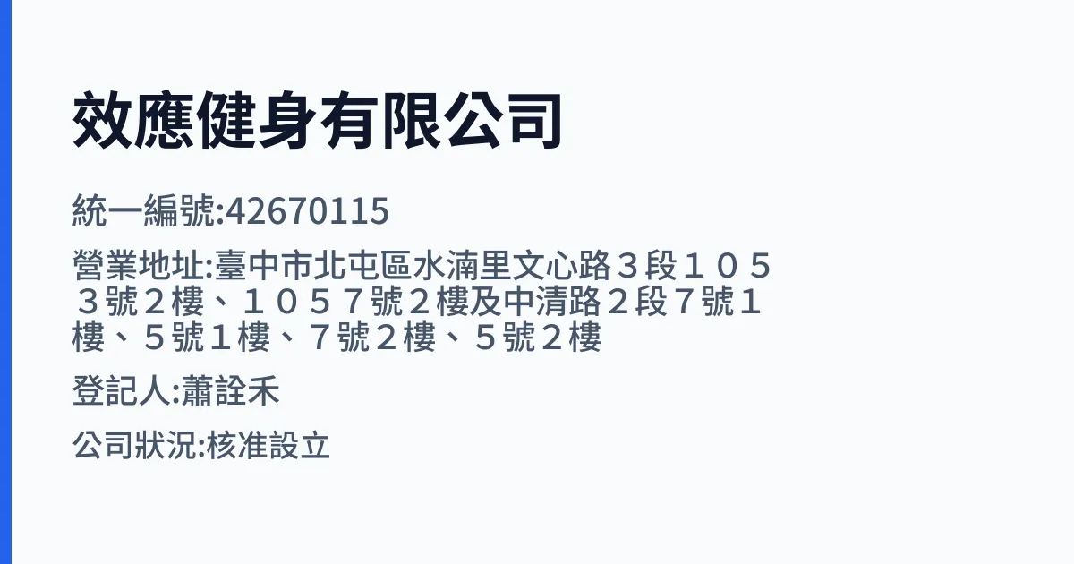 效應健身有限公司 - 統編 42670115(臺中市) 公司登記資料與營業項目詳細圖表