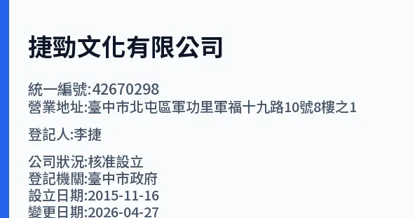 捷勁文化有限公司的照片-統編 42670298(臺中市) 公司登記資料與營業項目詳細圖表
