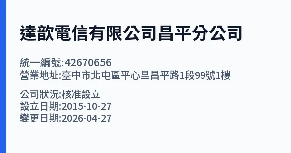 達歆電信有限公司昌平分公司的照片-統編 42670656(臺中市) 公司登記資料與營業項目詳細圖表