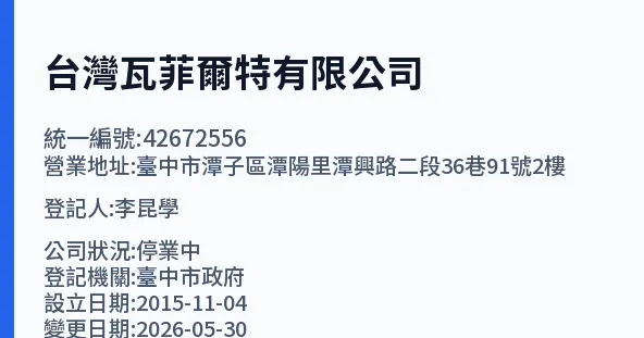 台灣瓦菲爾特有限公司的照片-統編 42672556(臺中市) 公司登記資料與營業項目詳細圖表