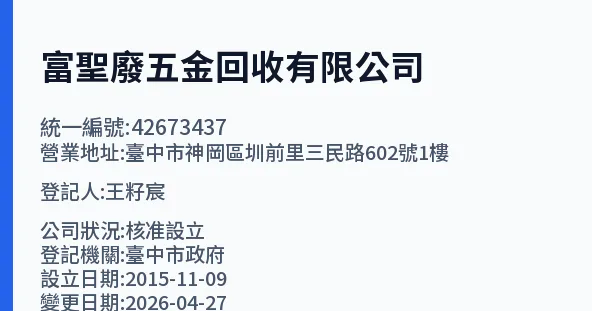 富聖廢五金回收有限公司的照片-統編 42673437(臺中市) 公司登記資料與營業項目詳細圖表