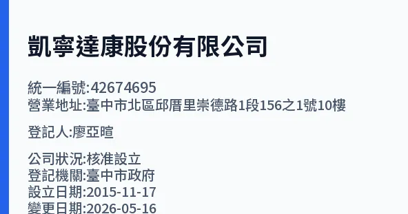 凱寧達康股份有限公司的照片-統編 42674695(臺中市) 公司登記資料與營業項目詳細圖表