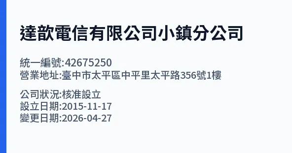 達歆電信有限公司小鎮分公司的照片-統編 42675250(臺中市) 公司登記資料與營業項目詳細圖表