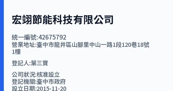宏翊節能科技有限公司的照片-統編 42675792(臺中市) 公司登記資料與營業項目詳細圖表