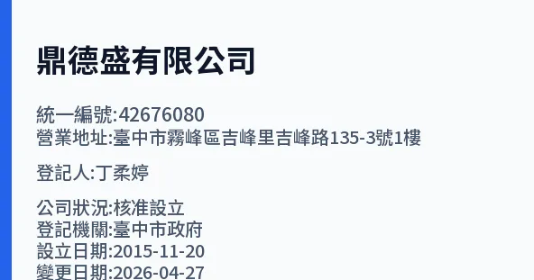 鼎德盛有限公司的照片-統編 42676080(臺中市) 公司登記資料與營業項目詳細圖表
