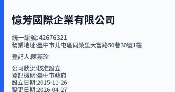 憶芳國際企業有限公司的照片-統編 42676321(臺中市) 公司登記資料與營業項目詳細圖表