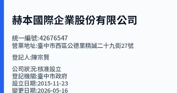 赫本國際企業股份有限公司的照片-統編 42676547(臺中市) 公司登記資料與營業項目詳細圖表