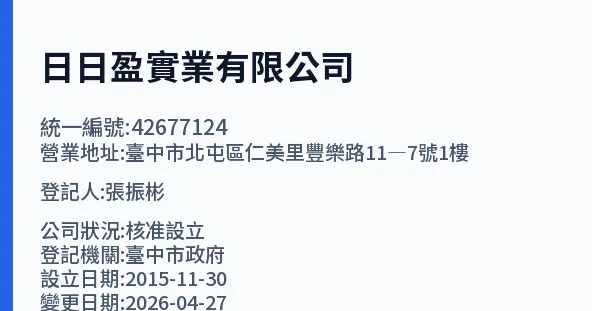 日日盈實業有限公司的照片-統編 42677124(臺中市) 公司登記資料與營業項目詳細圖表