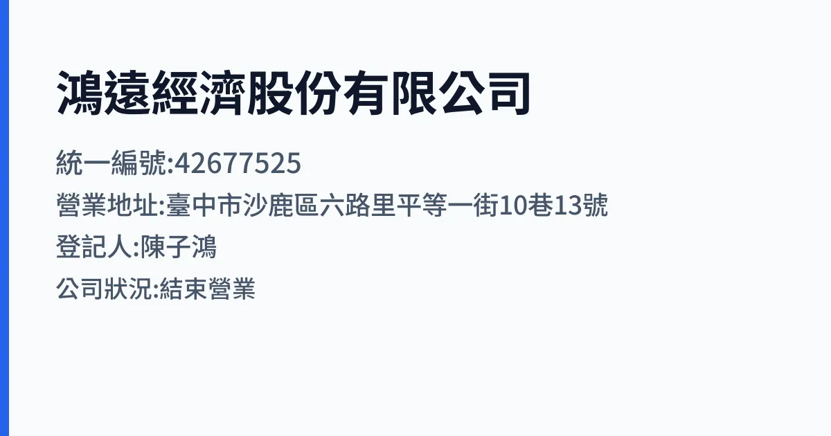 鴻遠經濟股份有限公司 - 統編 42677525(臺中市) 公司登記資料與營業項目詳細圖表