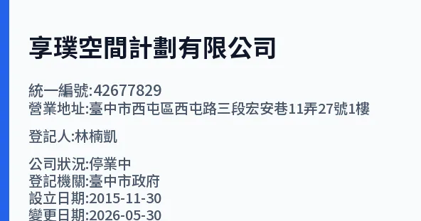 享璞空間計劃有限公司的照片-統編 42677829(臺中市) 公司登記資料與營業項目詳細圖表