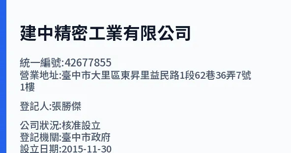 建中精密工業有限公司的照片-統編 42677855(臺中市) 公司登記資料與營業項目詳細圖表