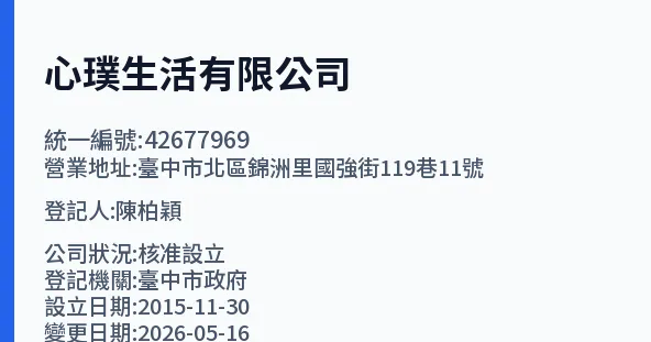 心璞生活有限公司的照片-統編 42677969(臺中市) 公司登記資料與營業項目詳細圖表